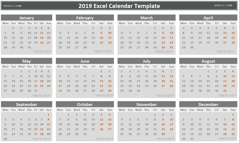 2019 Excel Calendar Template | Download Free Printable Yearly Calendar